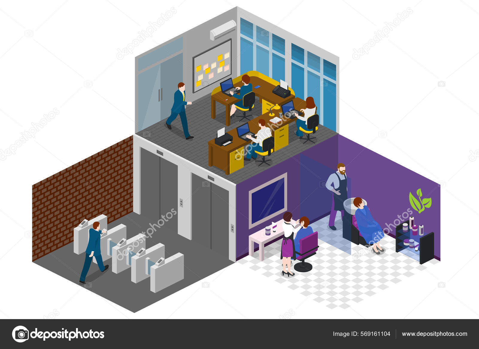 Daily Routine Man Woman Isometric Set Couple Eating Work Shopping Stock ...