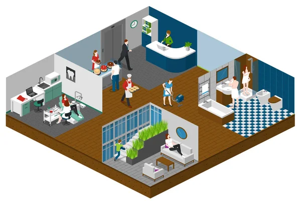 Daily Routine Man Woman Isometric Set Couple Eating Work Shopping Stock ...