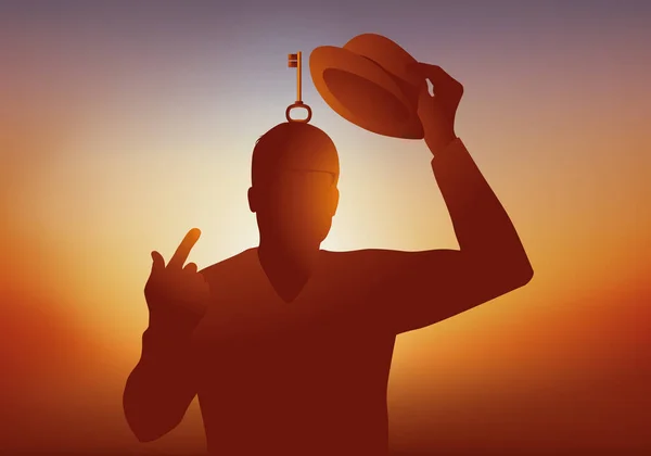 Concepto de pensar y buscar ideas con un hombre que trae una llave levantando su sombrero para ...