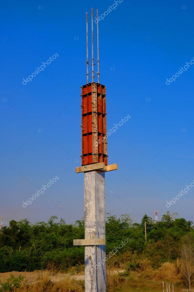 Reinforced concrete columns in the construction site. Construction ...