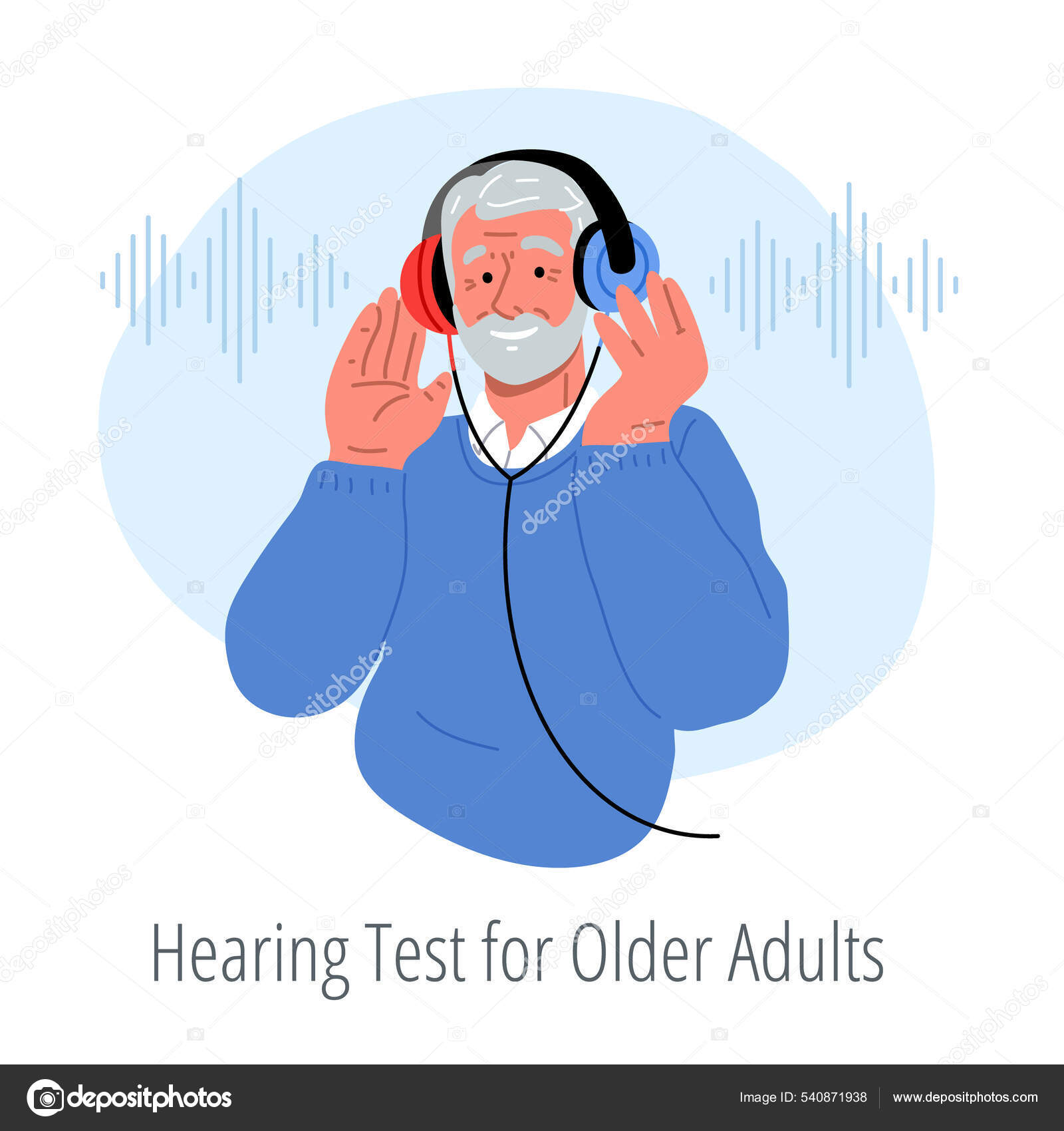 Smiling senior wearing headphones,making hearing test for old people ...