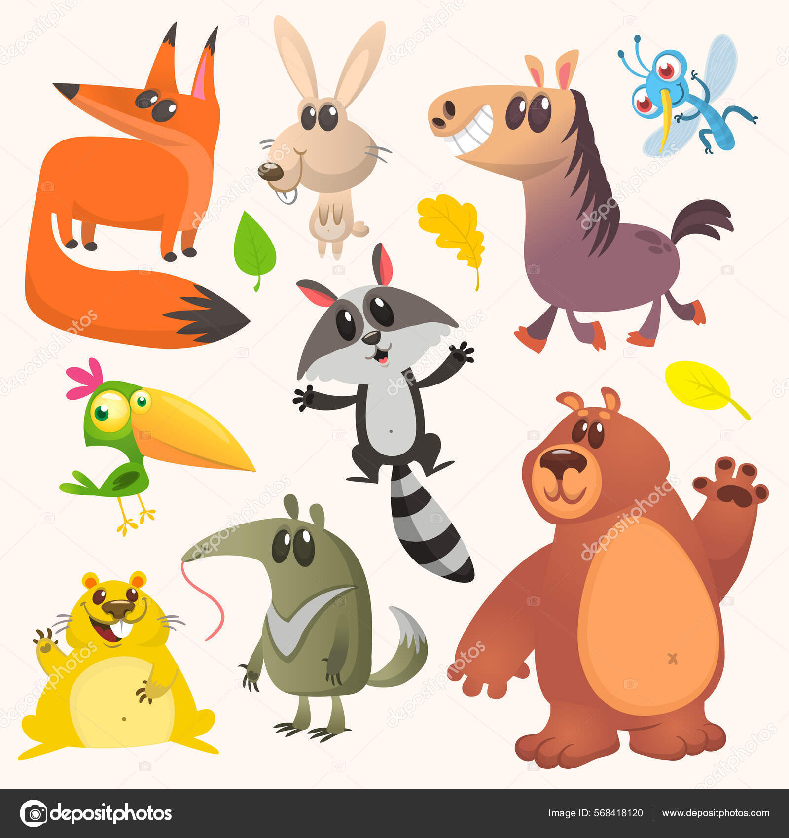 Set Funny Animals Isolated White Background Cartoon Fox Ant Eater ...