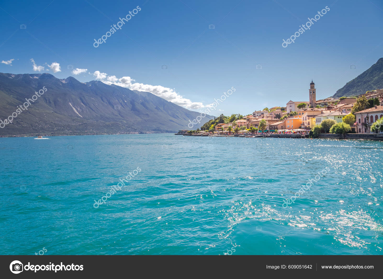 Idyllic Lake Garda Limone Sul Garda Old Town Motorboat Italian Stock ...