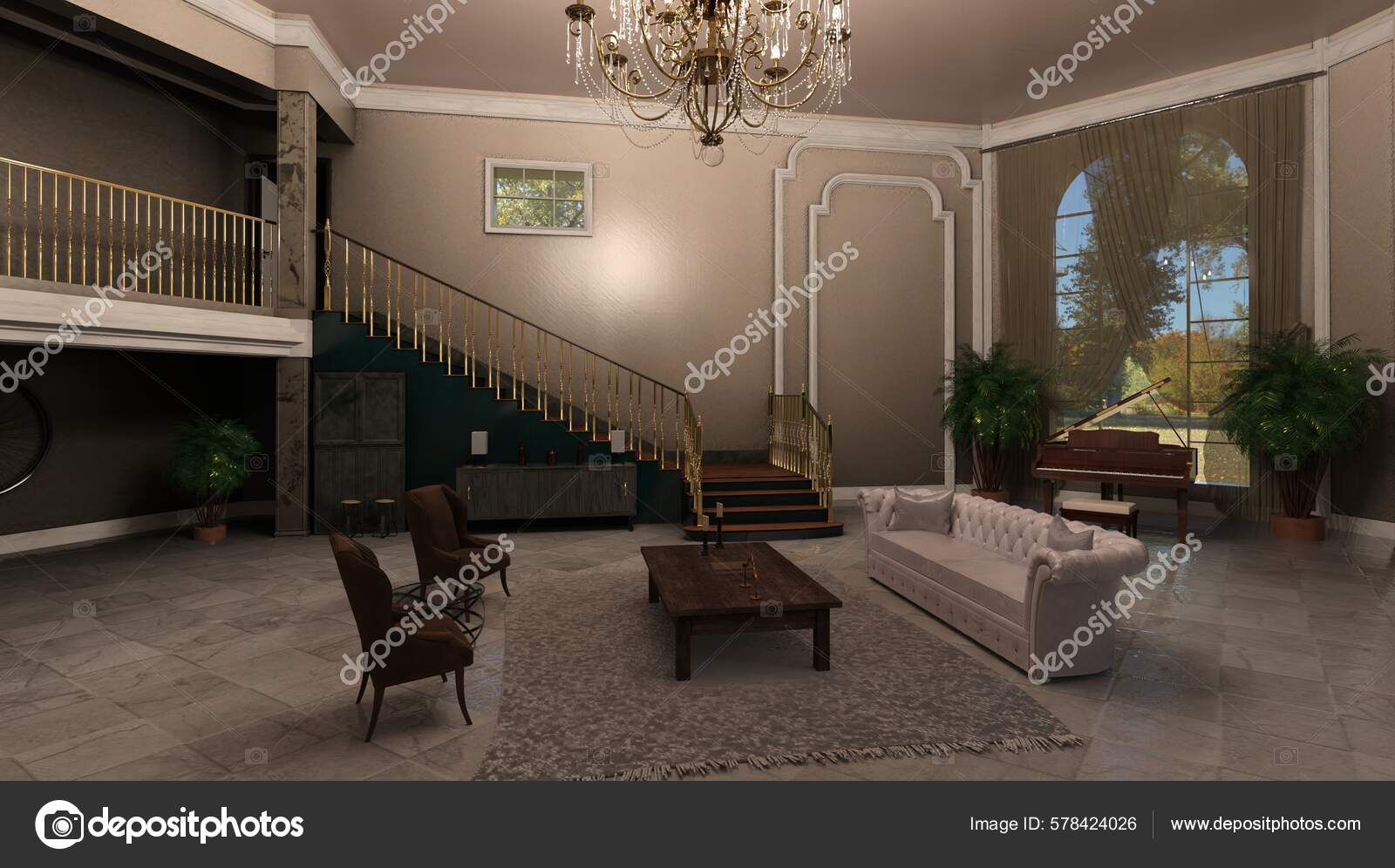 Illustration Great Hall Big Foyer Fireplace Piano — Stock Photo ...