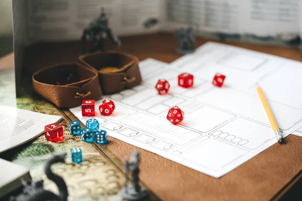 Role playing tabletop and board games hobby concept. D20 dice place on ...