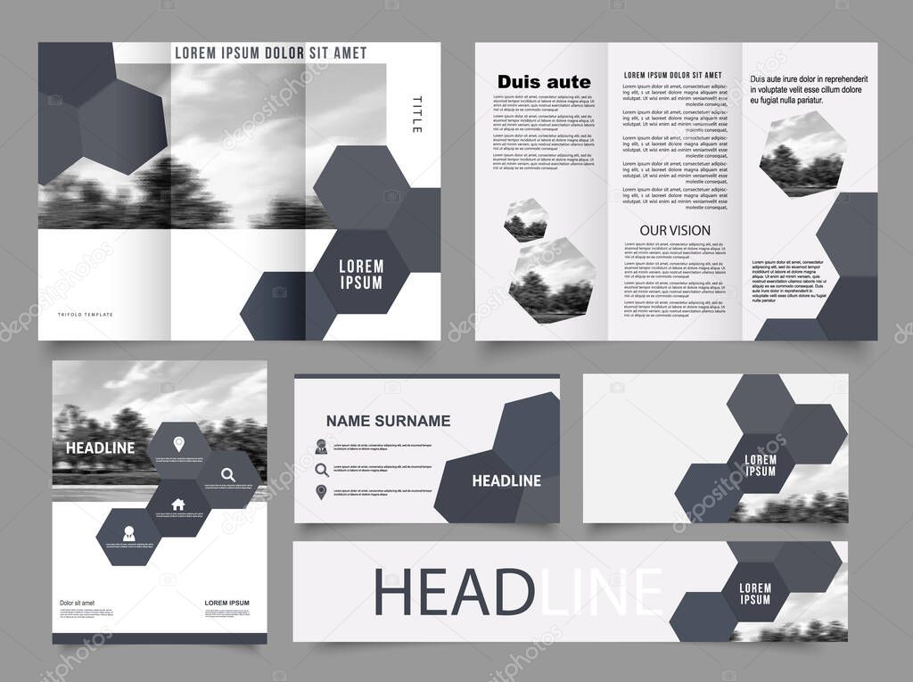 Folleto de pliegue Tri gris con hex gono. Colecci n de folletos plegados, informe anual, tarjeta ...