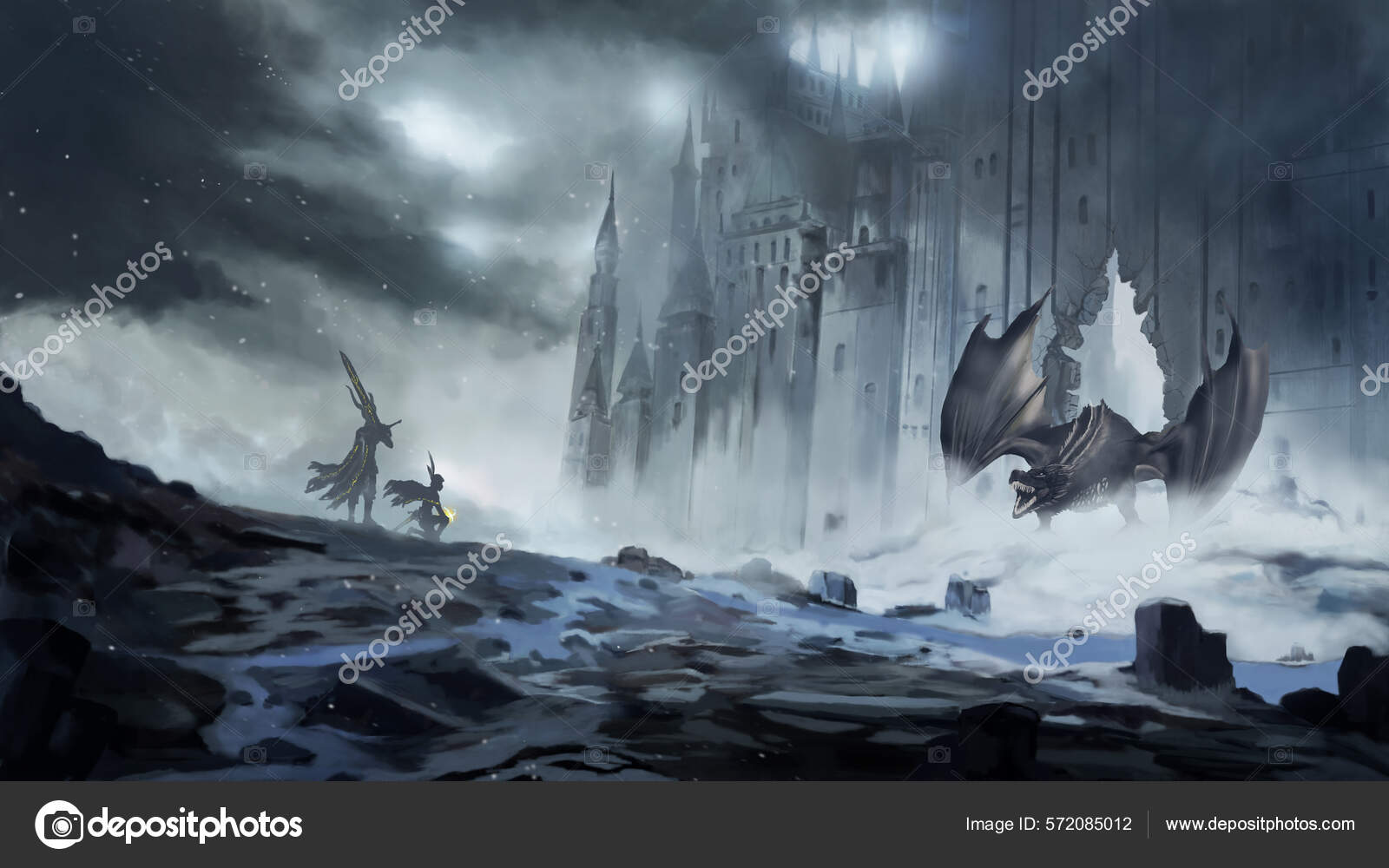 Knight Wizard Stand Confront Dragon Prepares Fight Dragon Tale Myth ...