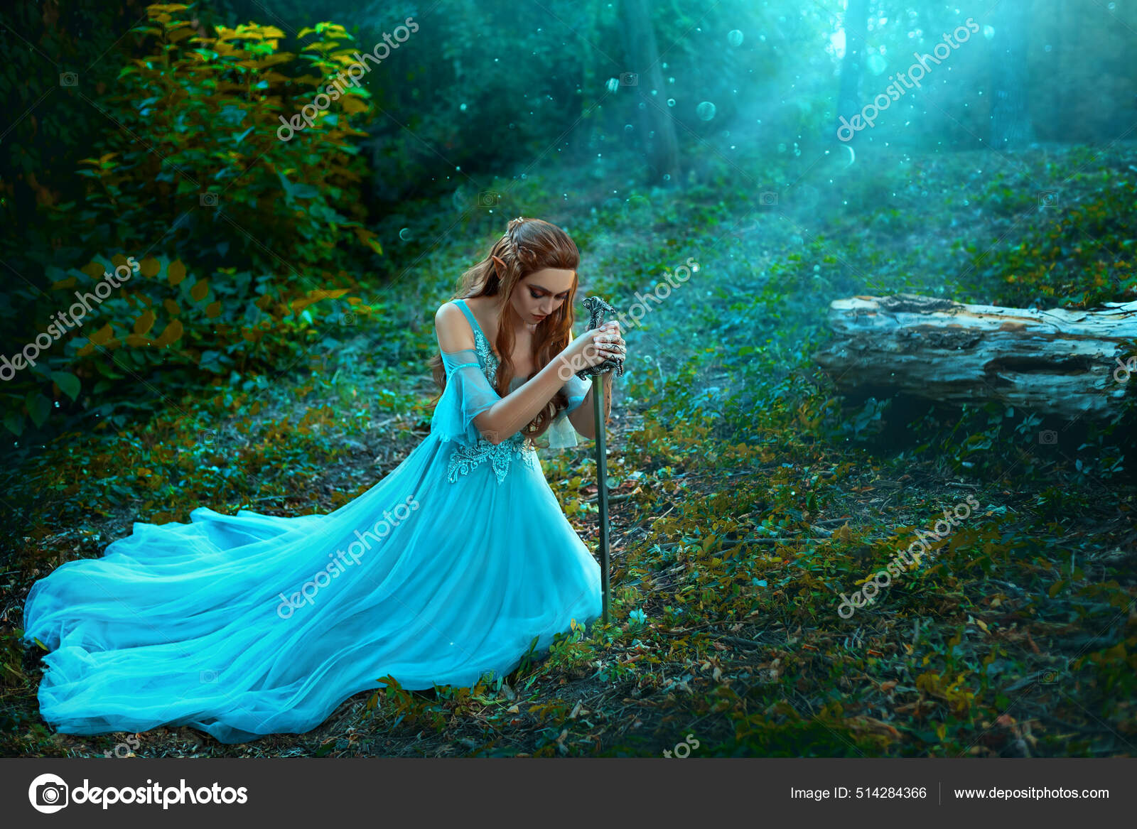 Fantasy elf woman princess warrior sits in forest on green grass ...