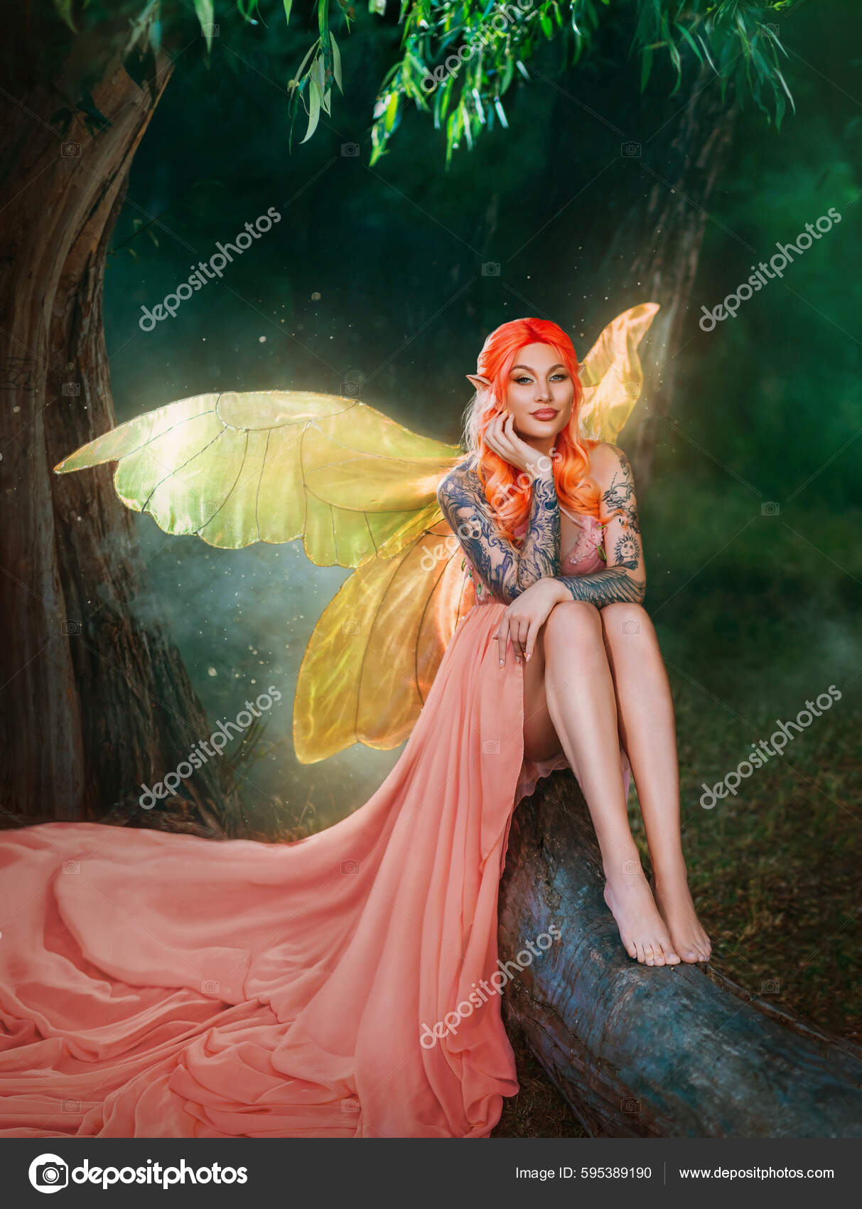 Fantasy Art Portrait Red Haired Woman Fairy Sits Log Creative Stock ...