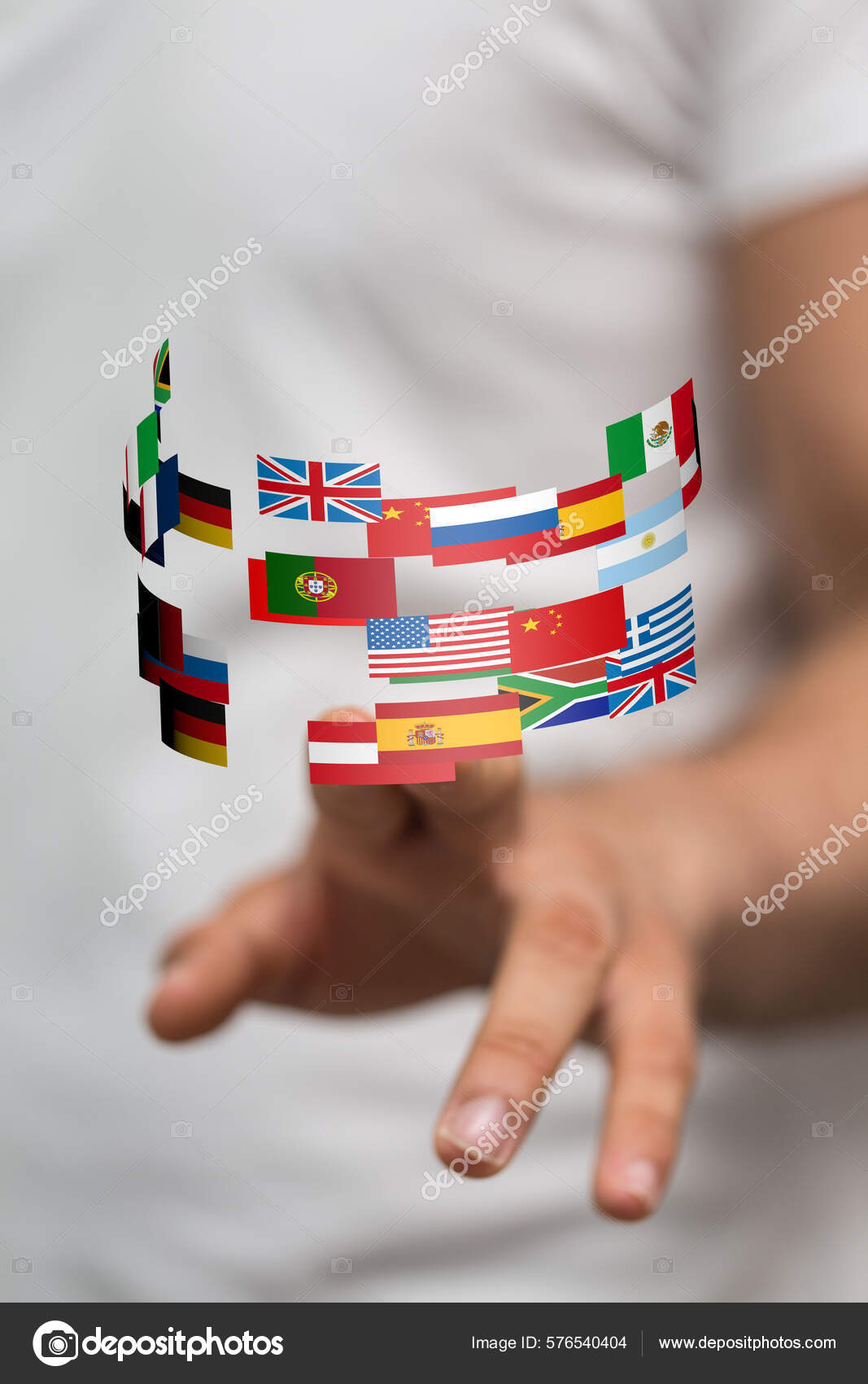 Vertical Closeup Person's Hand Touching Floating Flags Different ...