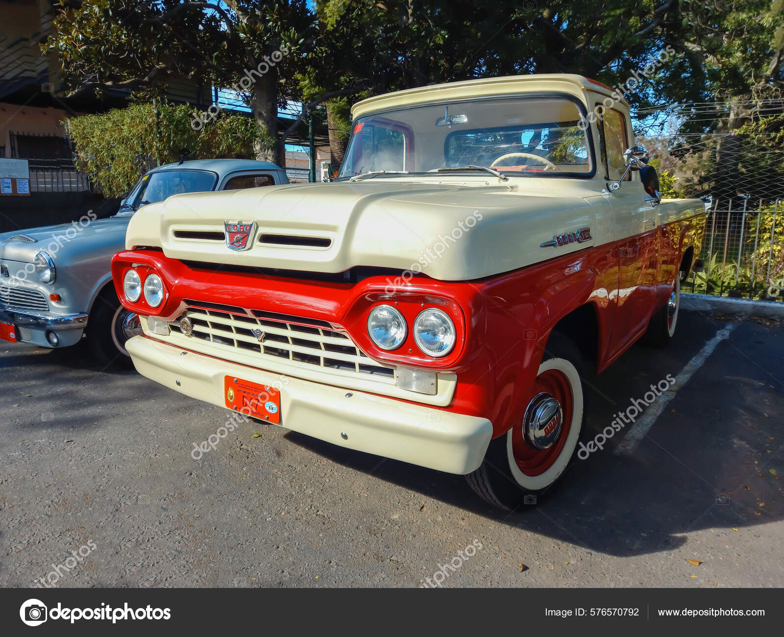 Old Red Cream Utility Pickup Truck Ford 100 Styleside Bed — Stock ...