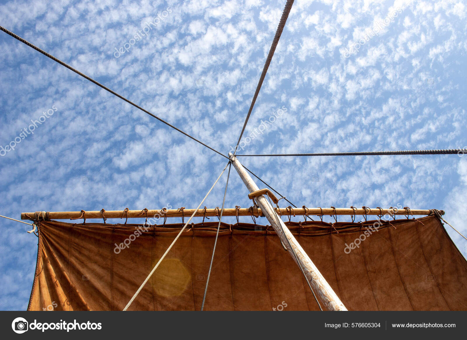 Low Angle Shot Ship's Mast Brown Sail Blue Cloudy Sky — Stock Photo ...