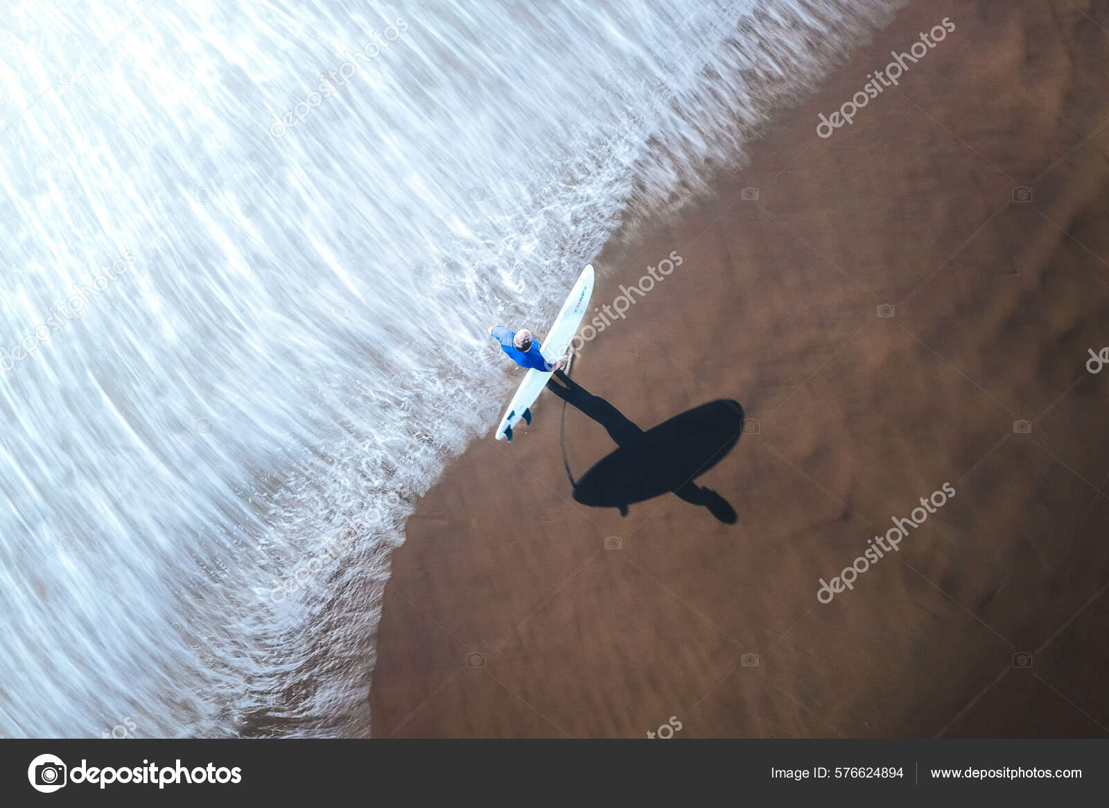 Aerial Top View Surfer Walking Sandy Beach Sea Holding Surf — Stock ...