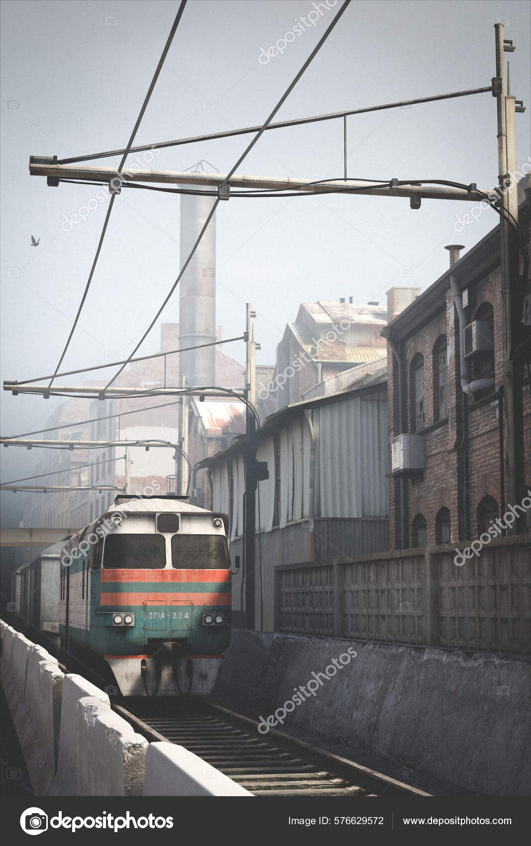 Vertical Rendering Subway Train Driving Railroad Old Houses Sunlight ...