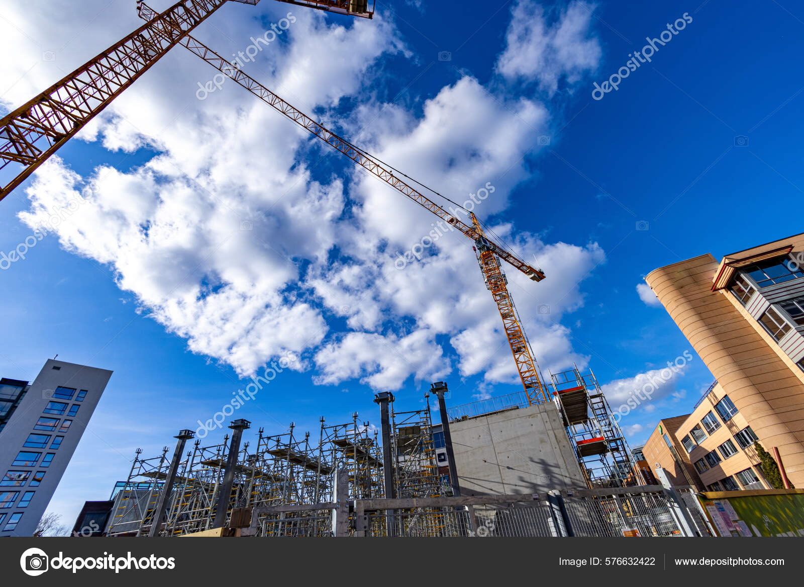 Low Angle Shot Cranes Building Infrastructure Blue Sky Construction ...