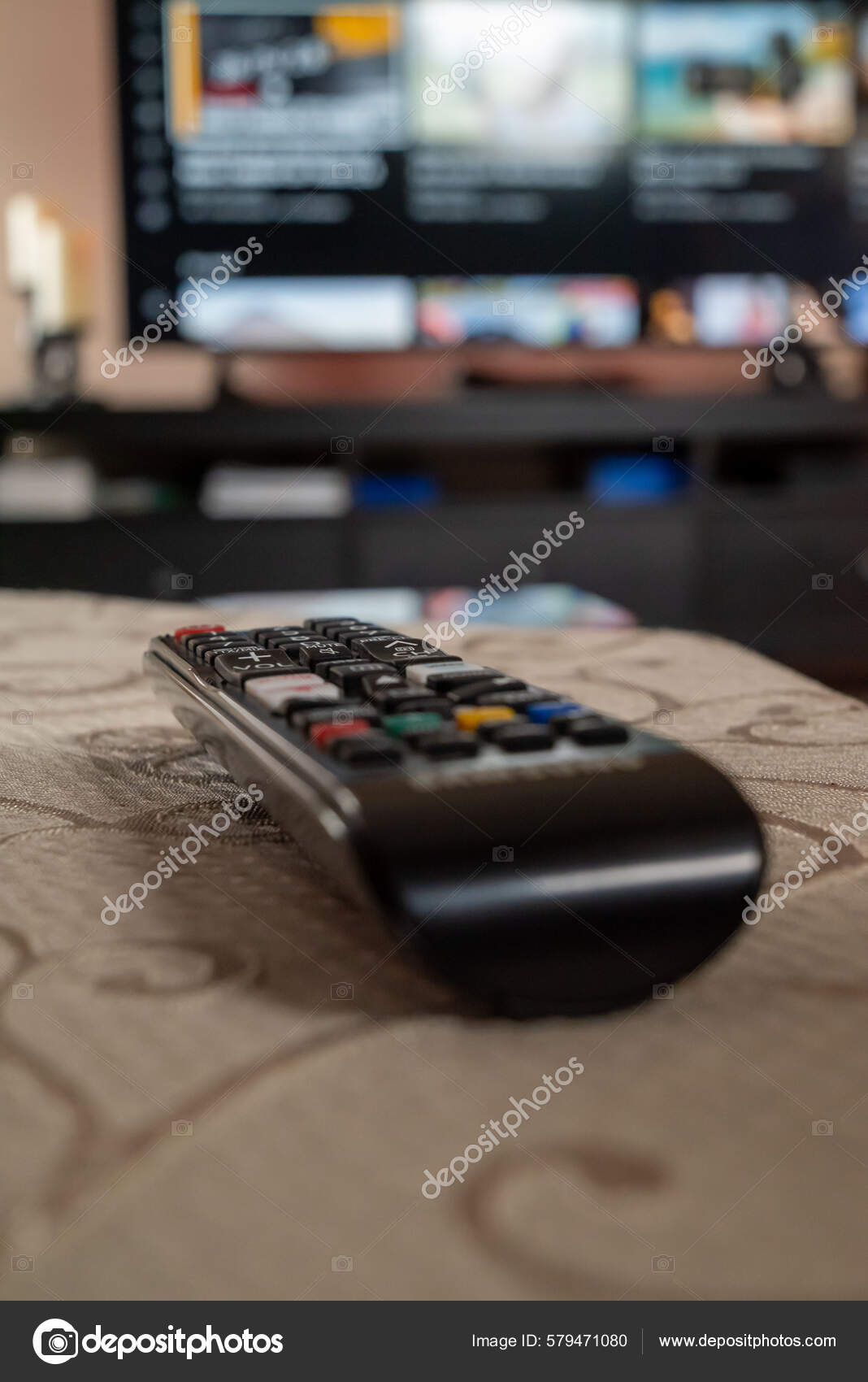 Closeup Shot Black Remote Control Table Big Screen Blurred Background ...