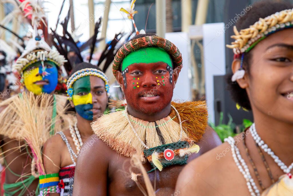 Papua New Guinea Island first nation dancers at Expo2020 dancing in ...