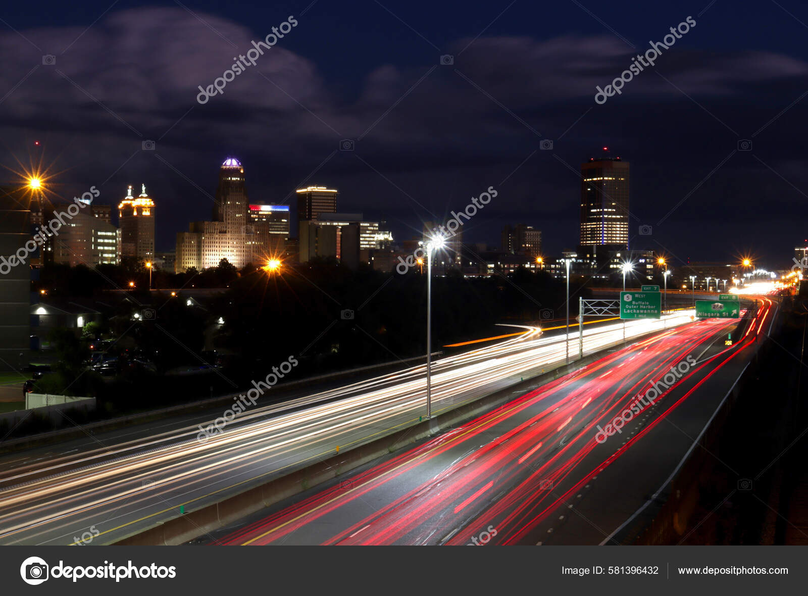 Long Exposure Night Buffalo Ny's Skyline Looking West Pedestrian Bridge ...
