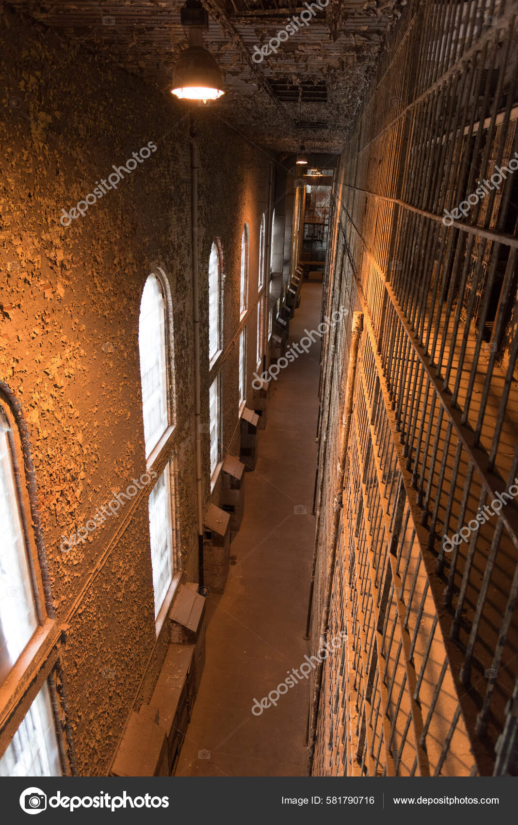 Vertical Shot Long Corridor Wethered Prison Rusty Walls — Stock Photo ...