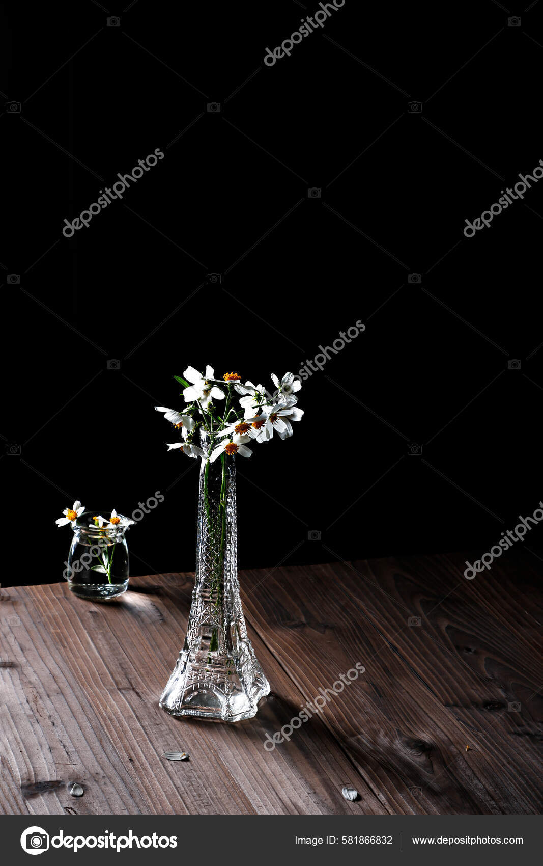Vertical Closeup Transparent Vases Flowers Wooden Table Dark Background ...
