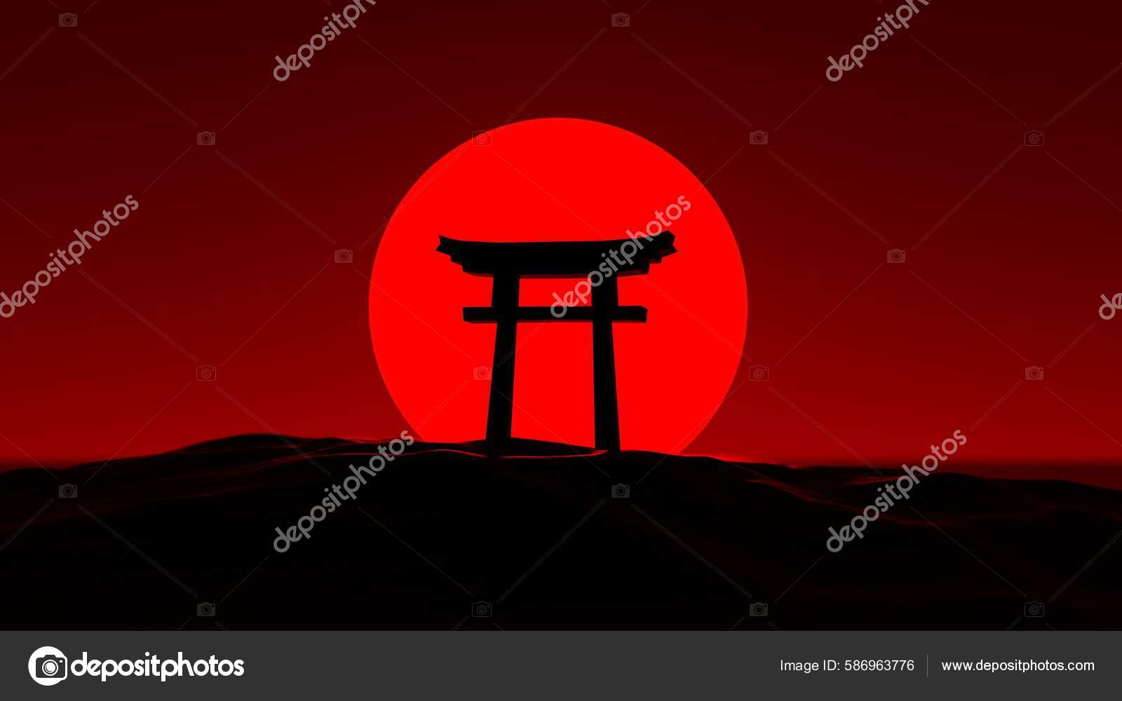 Illustration Japanese Structure Red Moon Background Stock Photo by ...