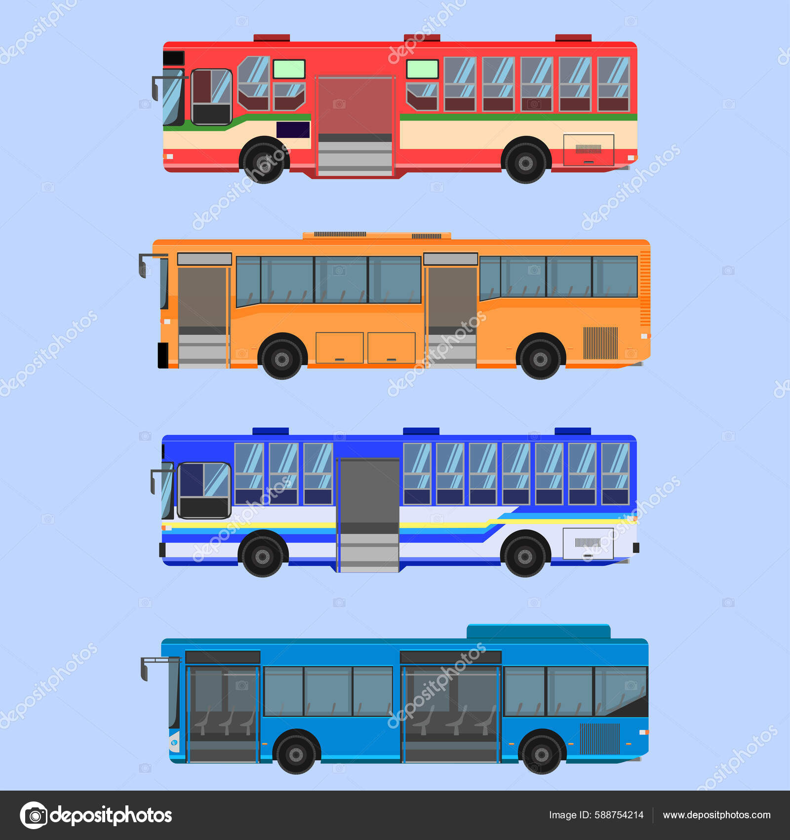 Set Colorful Buses Isolated Pastel Blue Background Stock Vector by ...
