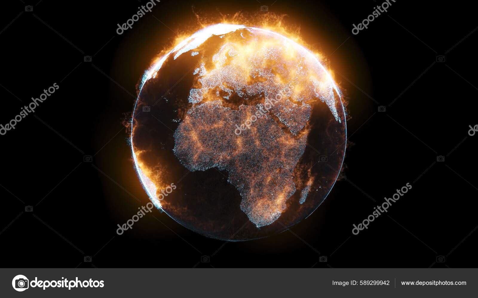 Rendering Futuristic Particle Digital Earth Fire Isolated Black ...