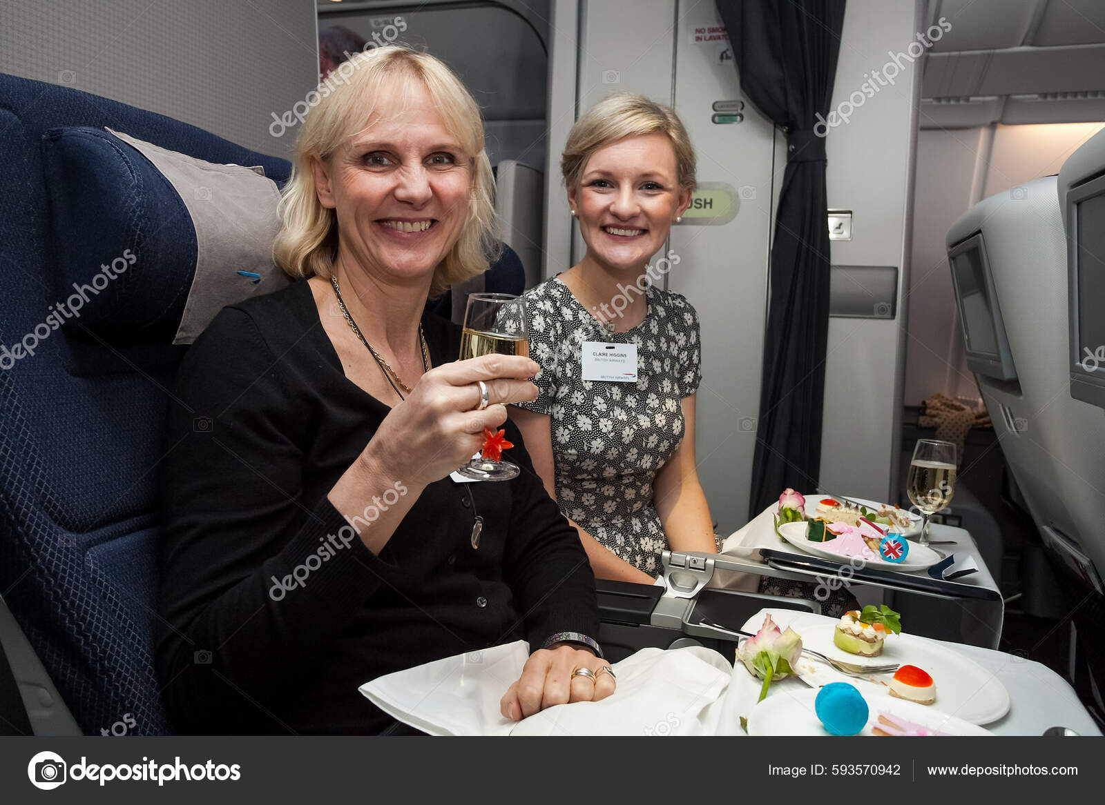 Caucasian Female Business Class Passengers Board British Airways Airbus ...
