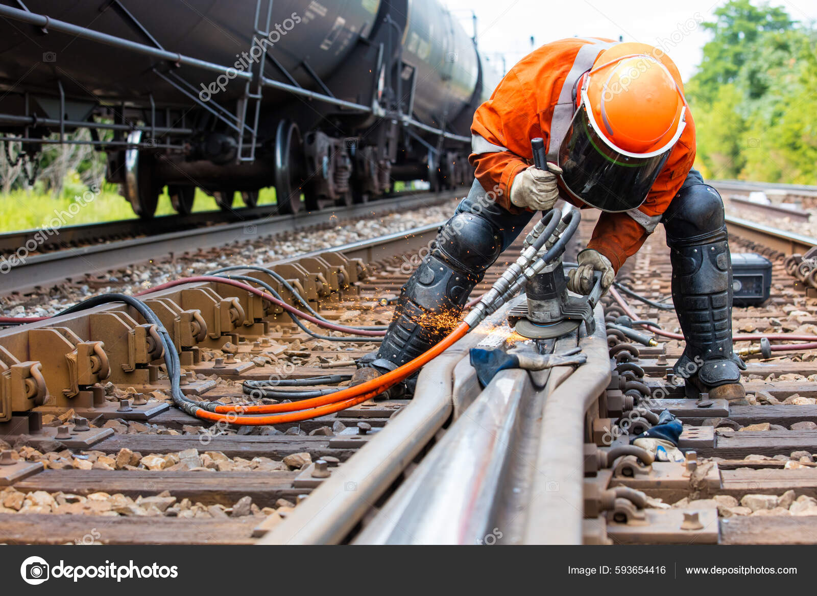 Worker Process Railroad Track Weld Repair Freight Train Passing – Stock ...
