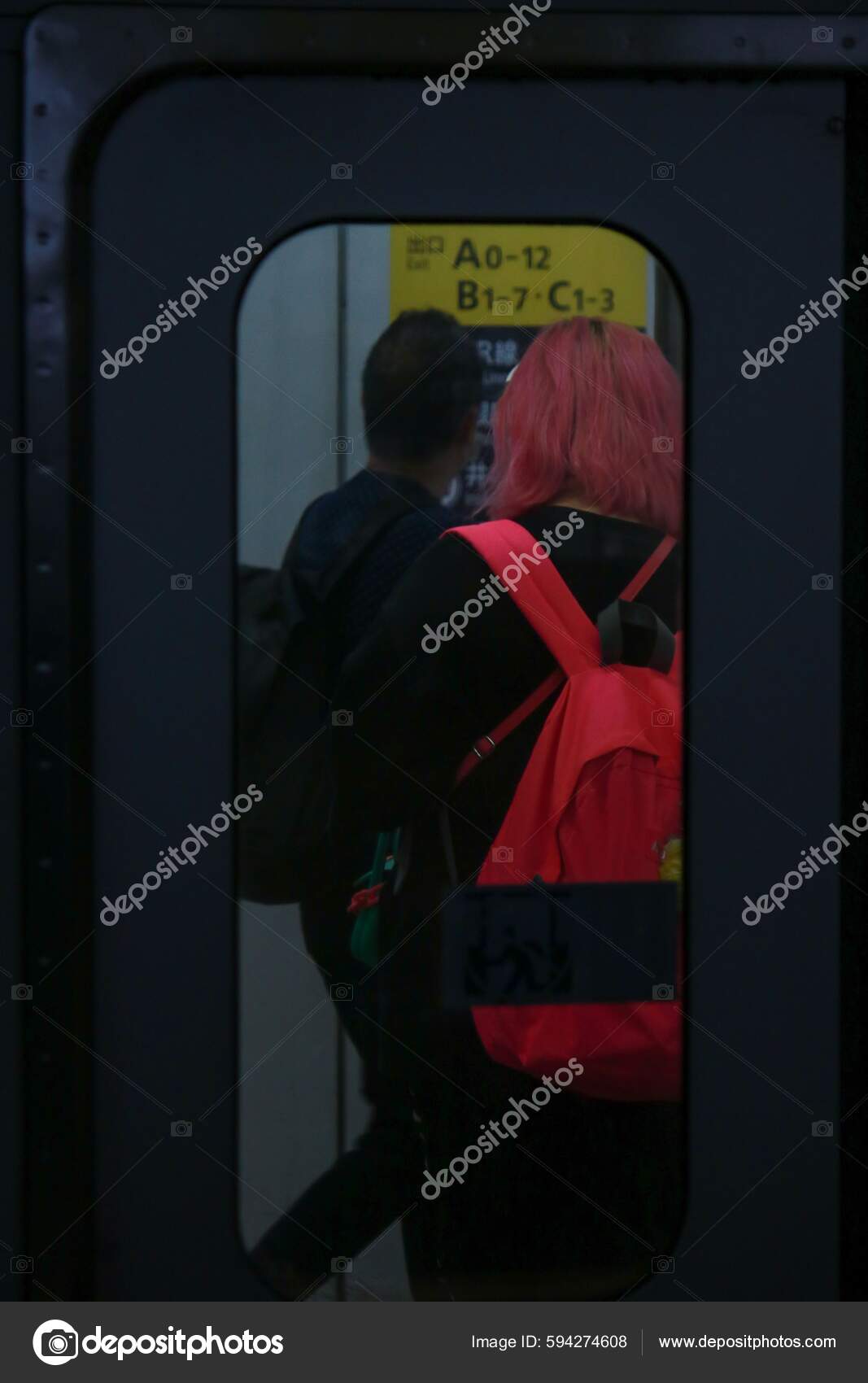 Vertical People Backpacks Standing Underground Train Seen Window ...