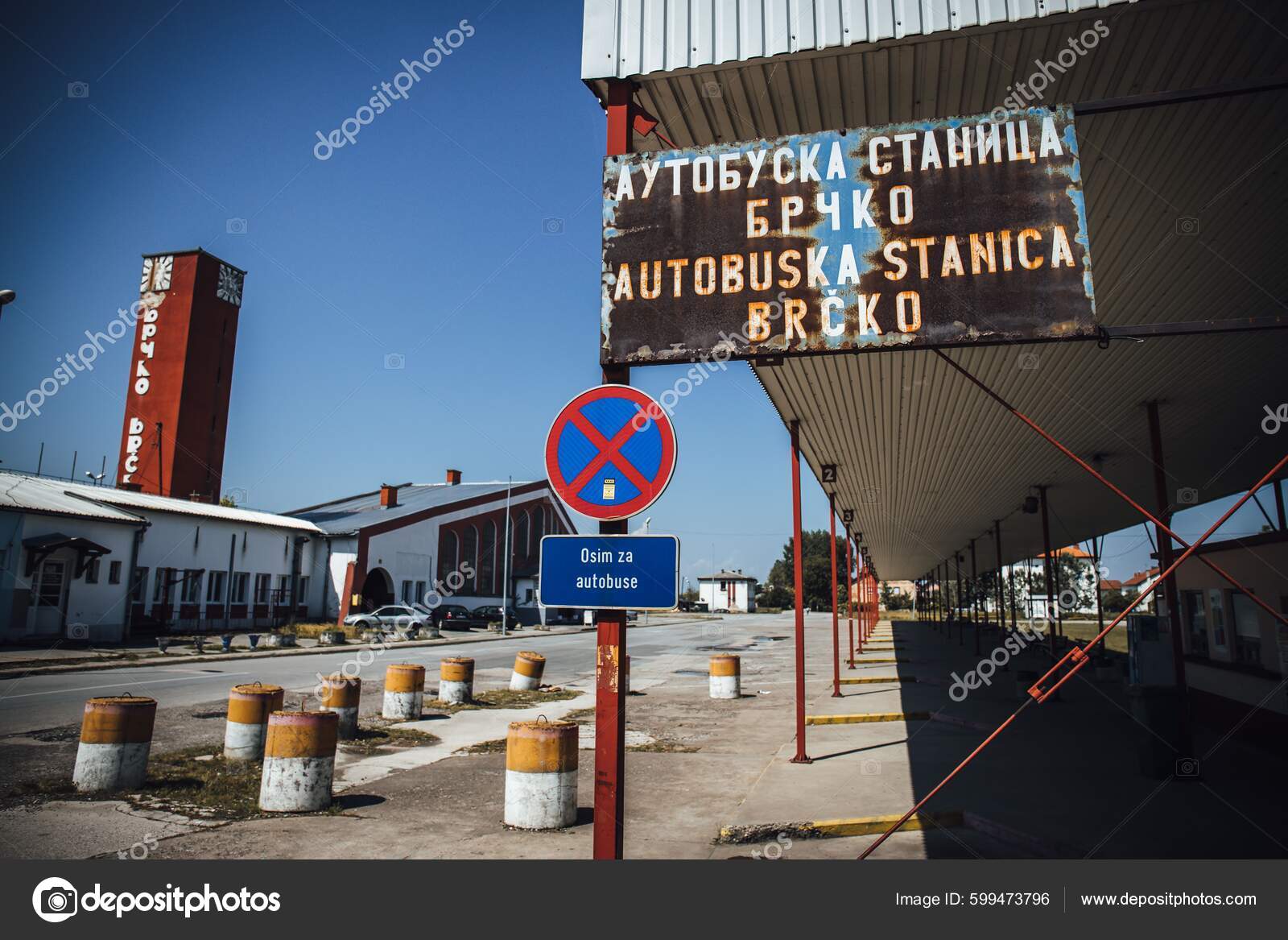 Empty Public Bus Station Rusty Sign Indicating Bus Stop Brcko – Stock ...