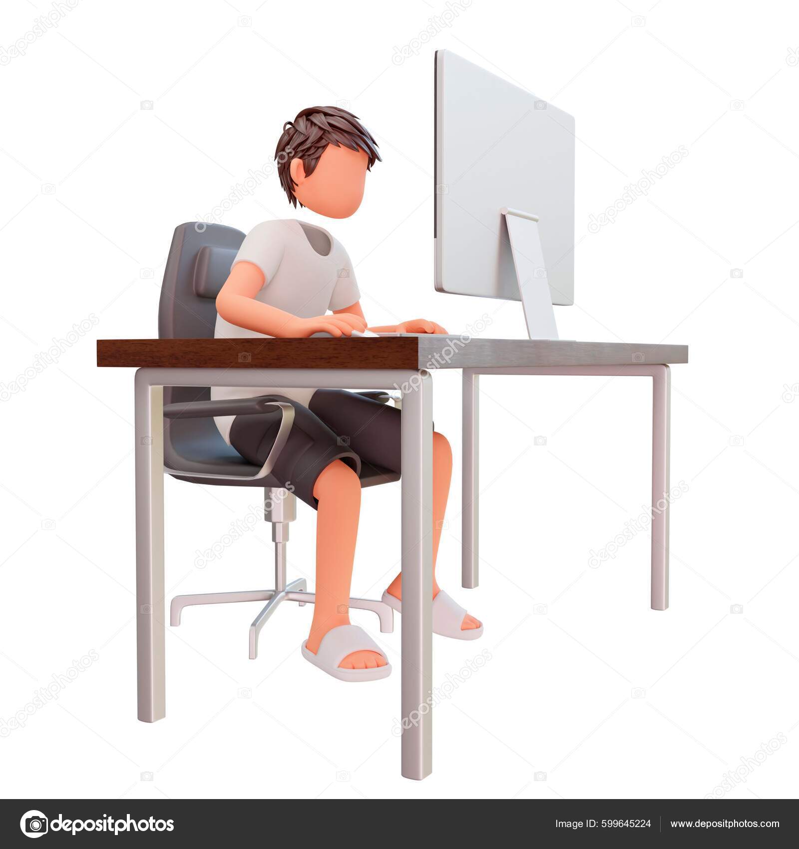 3d Man Sitting At Computer