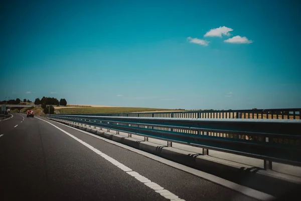 Empty Highway Road White Markings Railings Green Trees — Stock Photo ...