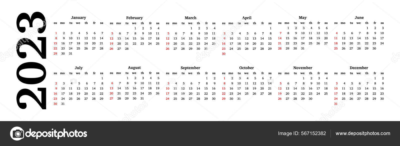 Horizontal Calendar 2023 Isolated White Background Sunday Monday ...