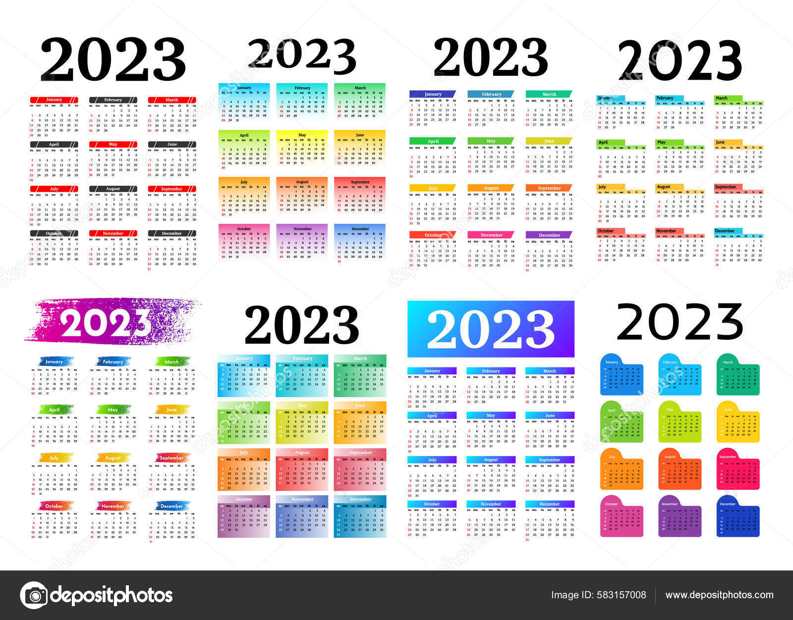 Set Eight Vertical Calendars 2023 Isolated White Background Sunday ...