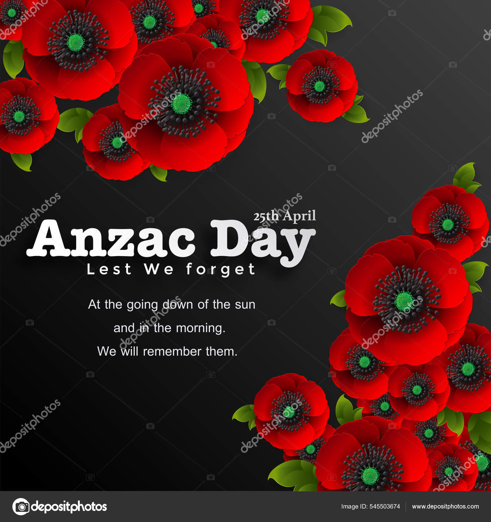 Anzac Day Vector Poster Lest Forget Nice Red Poppy Flower Stock Vector ...