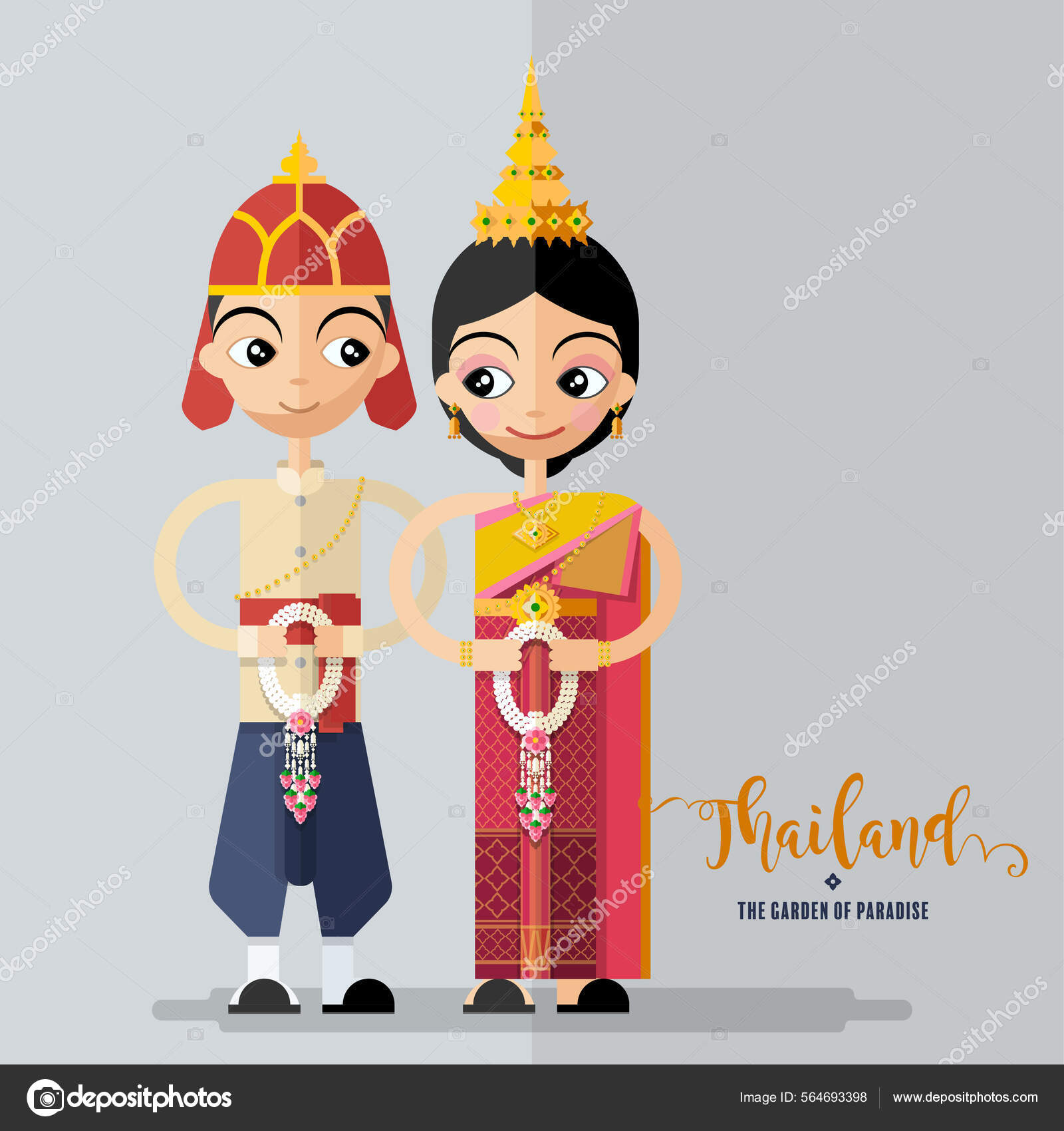 Cute Cartoon Characters Girl Traditional Dresses Thailand Thai