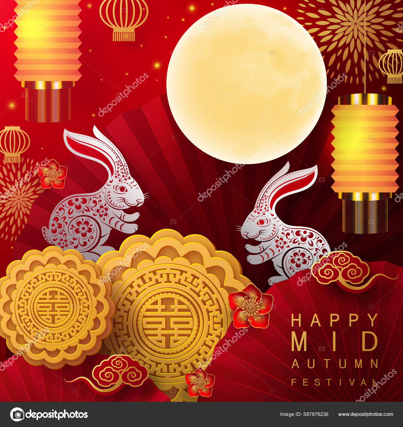 Mid Autumn Festival Rabbit Moon Mooncake Flower Chinese Lanterns Gold ...