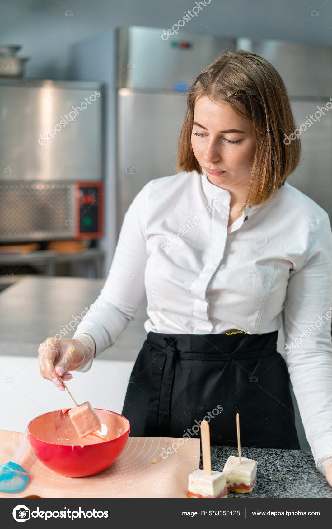 Young Girl Chef Makes Desserts Bakes Sweets Cakes Makes Blanks — Stock ...