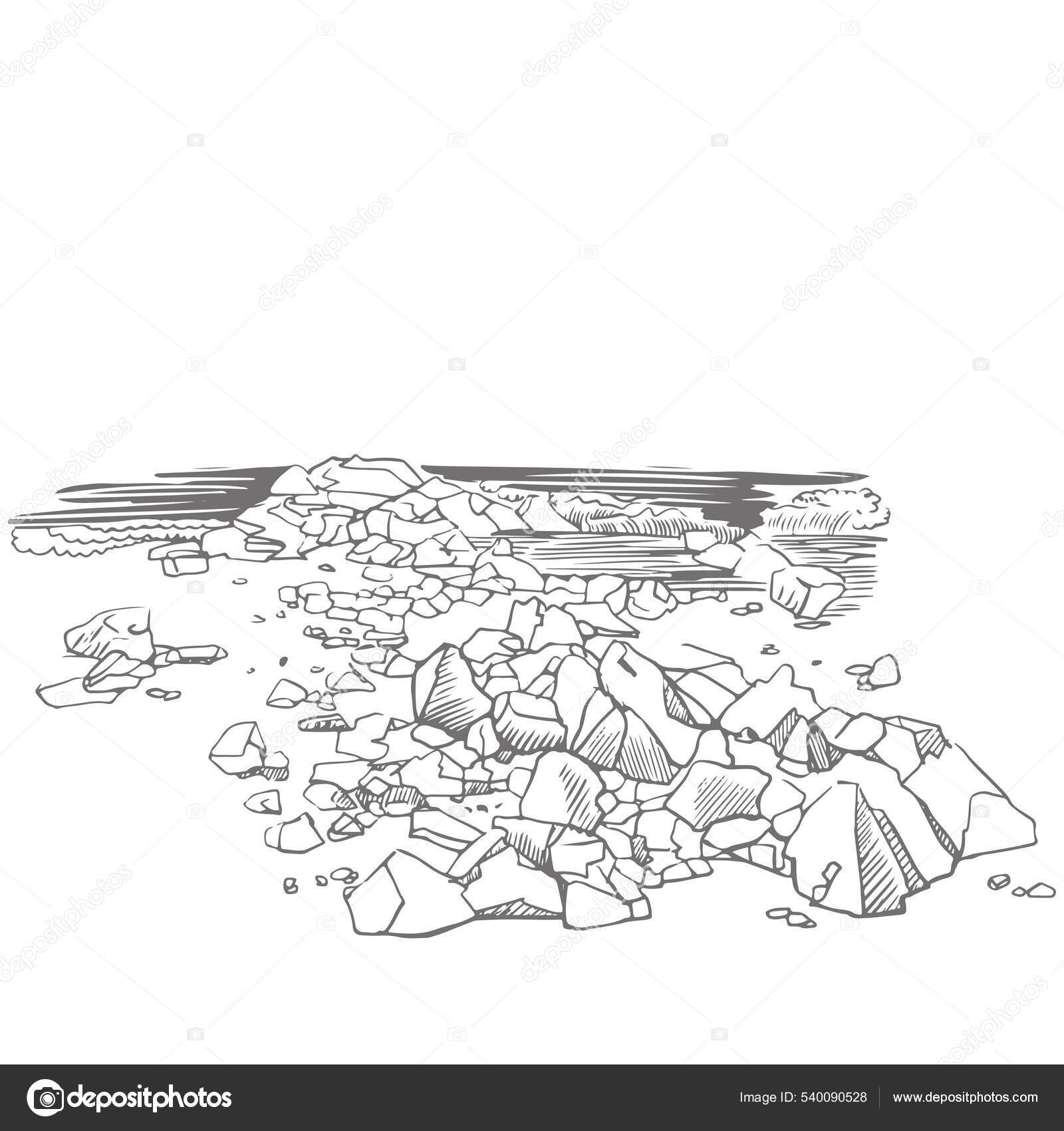 Sea Stone Coast Sketch Rocky Surface Beach Rocks White Background Stock ...