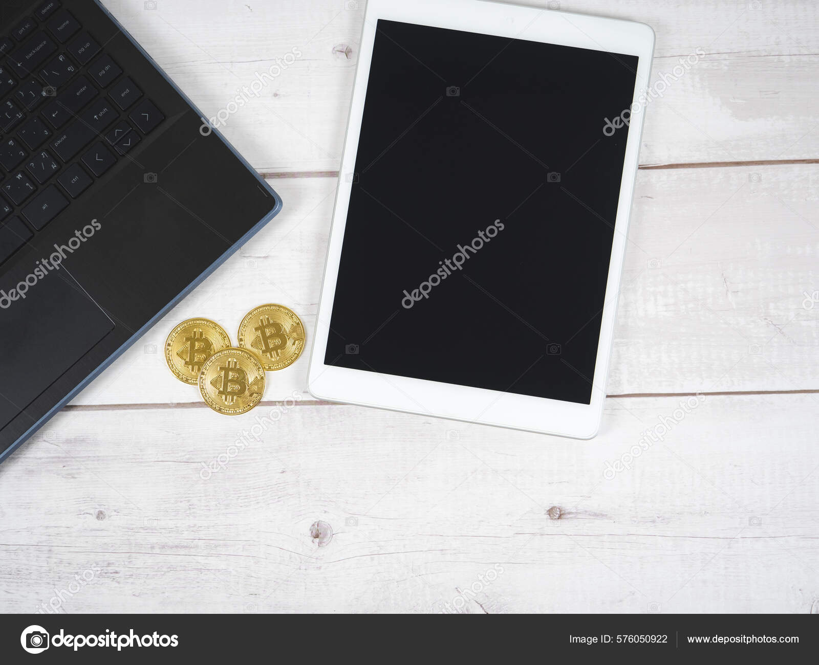 Bitcoins Laptop Tablet Wood Table Top View — Stock Photo © ToffeePhoto ...