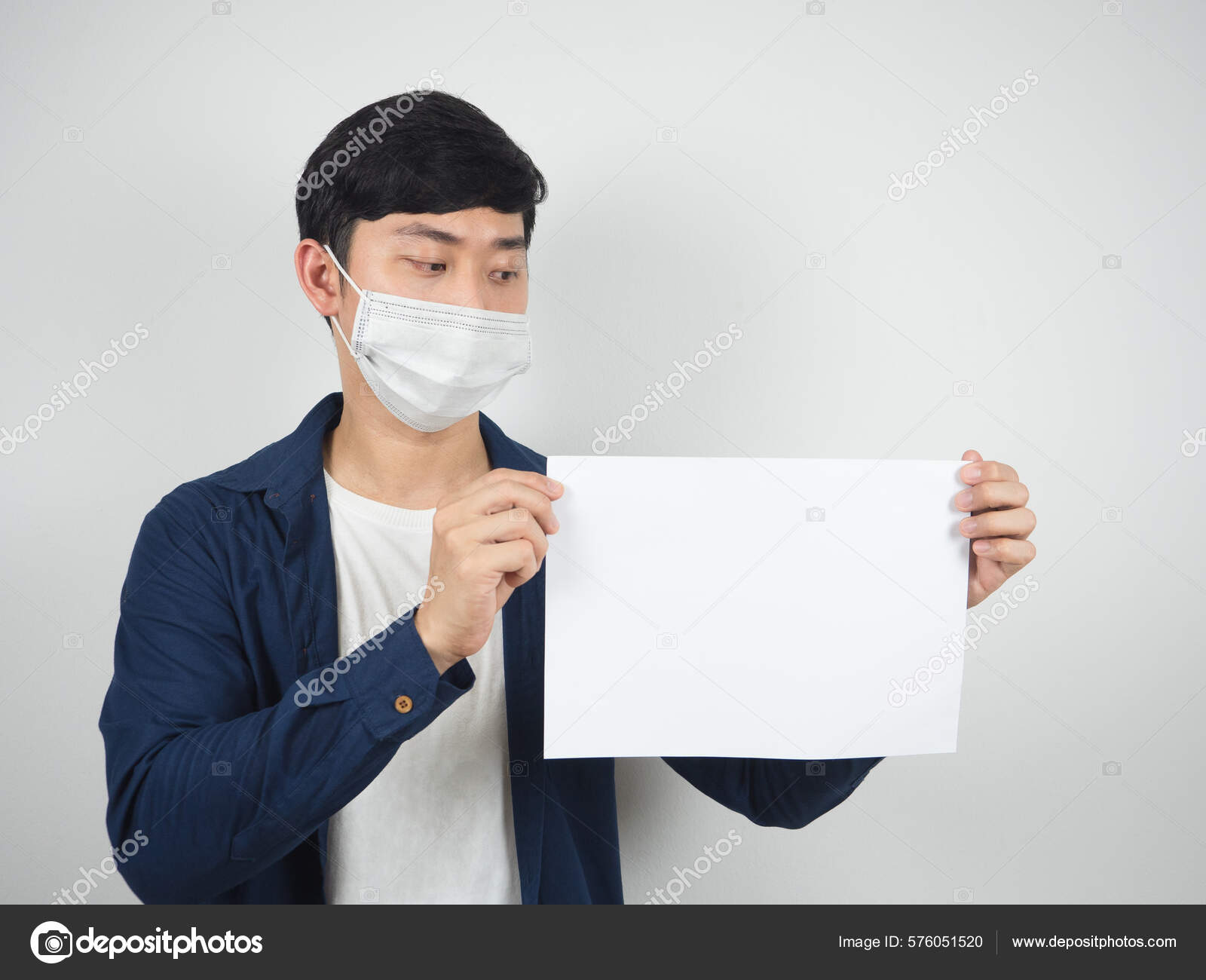 Asian Man Mask Protect Looking Blank Paper His Hand White — Stock Photo ...