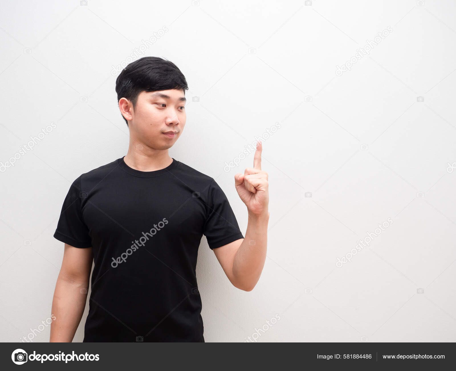 Asian Man Look Finger Left Hand Confident Face White Isolated — Stock ...