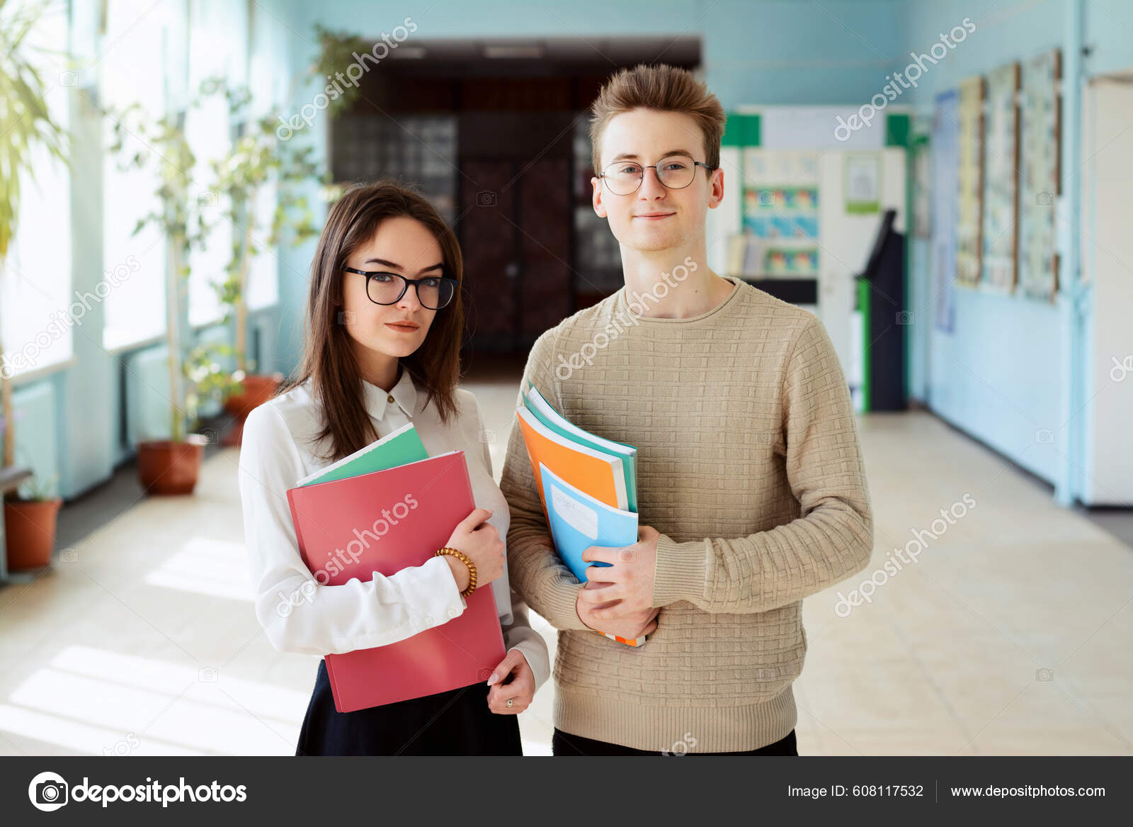Two Happy Students Standing Campus Looking Camera Wearing Glasses Uniform — Stock Photo ...