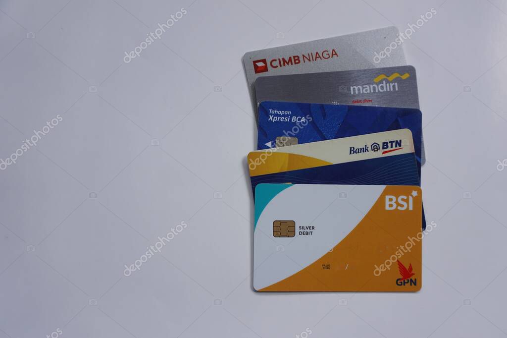 Yogyakarta, ID - July 17th, 2022. Various types of Indonesian debit ...