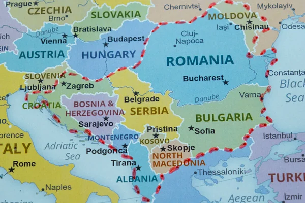 Balkan countries and region on map marked with a pen, Balkan travel route on map with red pen ...