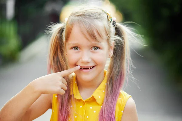 Toothless Child Cute Little Girl Smiles Broadly First Milk Tooth ...