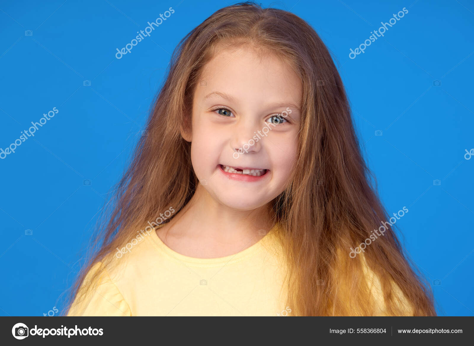 Toothless Child Cute Little Girl Smiles Broadly Blue Background First ...
