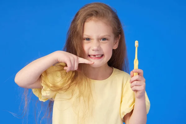 Toothless Child Cute Little Girl Smiles Broadly Blue Background First ...