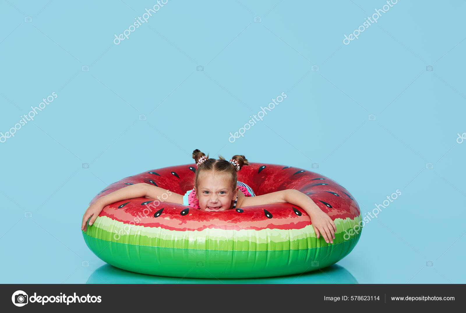 Cute Little Girl Inflatable Ring Watermelon Shape Blue Background Funny ...